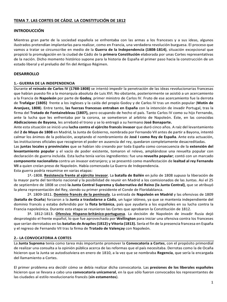 Tema 7. Las Cortes de Cádiz. La Constitución de 1812 | PDF | Cortes ...