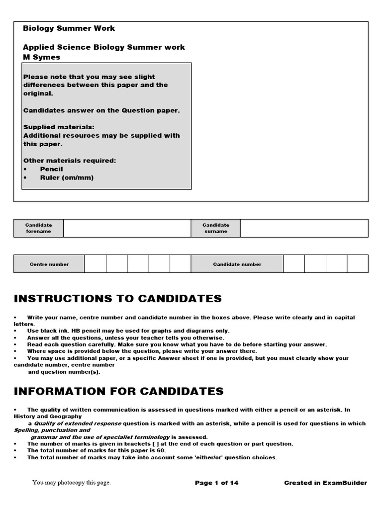 Biology Summer Work 2 | PDF | Perspiration | Cell (Biology)
