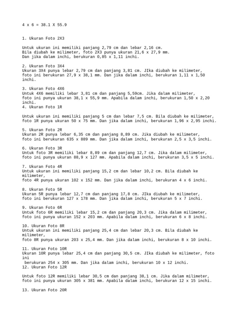 Ukuran Foto Standar dalam cm, mm, dan Inci | PDF