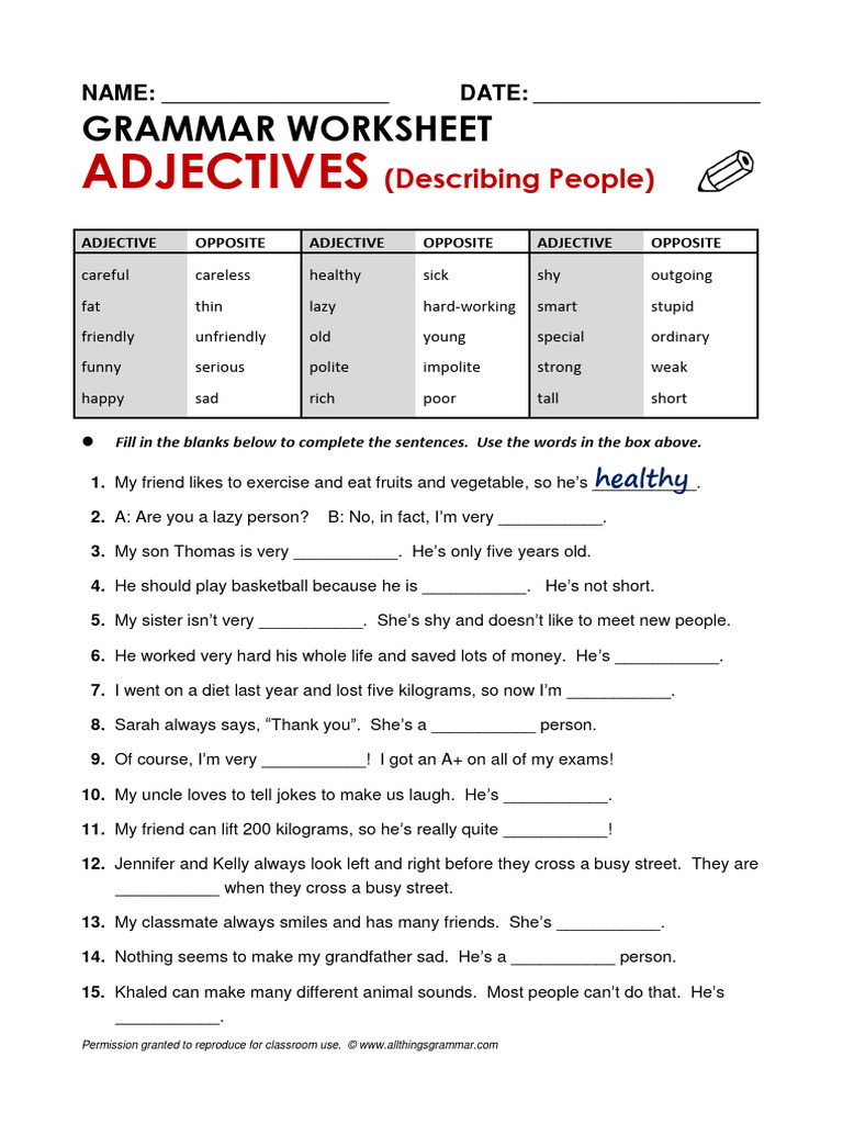 GRAMMAR WORKSHEET ADJECTIVES (Describing People) | PDF | Linguistics