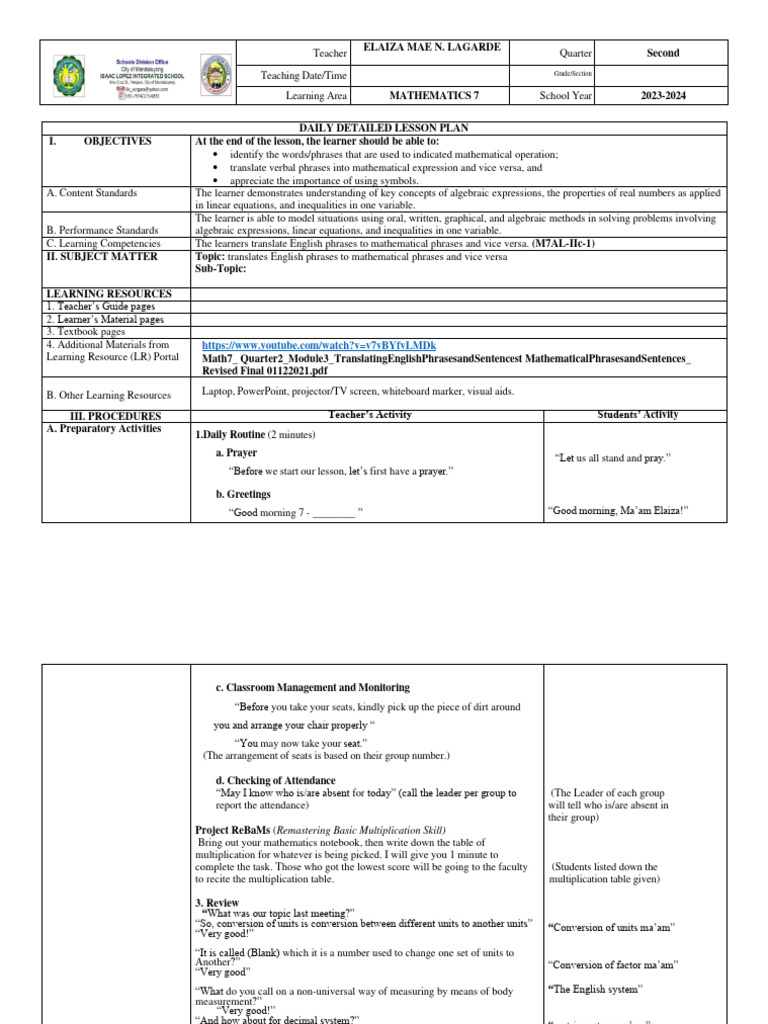 DLP - Translating Verbal Into Mathematical Phrases and Vice Versa - Lagarde | PDF | Numbers ...