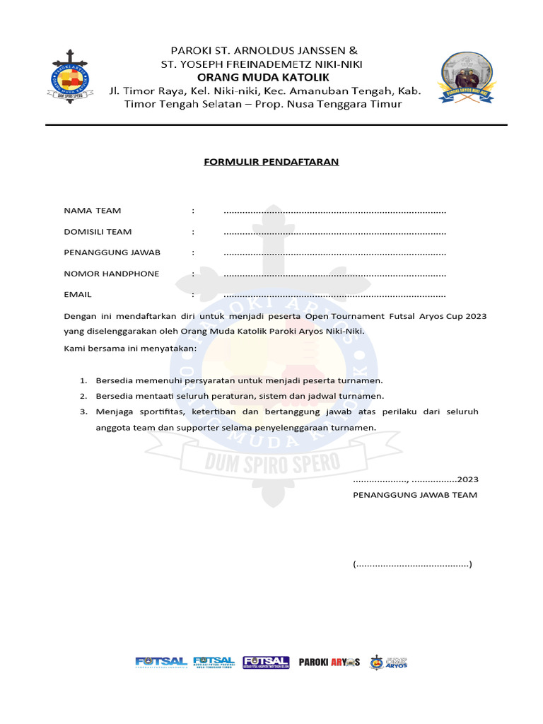 Formulir Pendaftaran Futsal Aryos Cup 2023 | PDF
