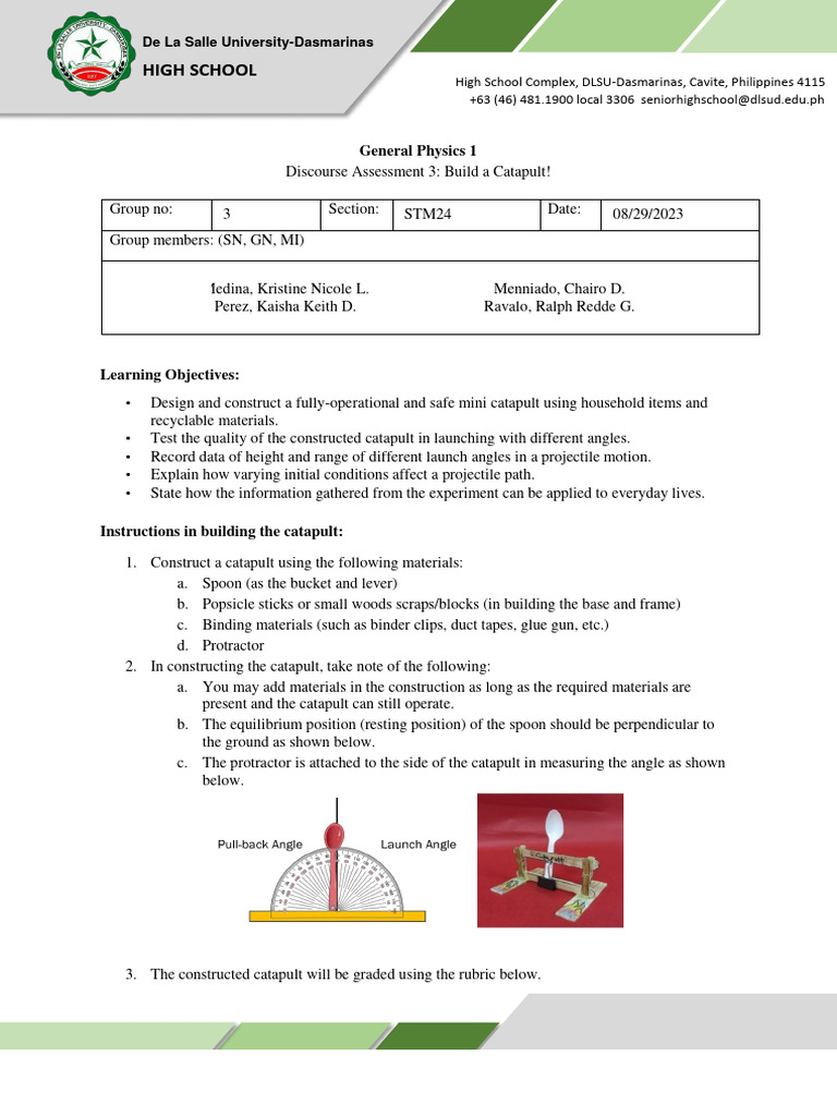Medina Meniado Perez Ravalo - DA3 - Build A Catapult | PDF | Physics