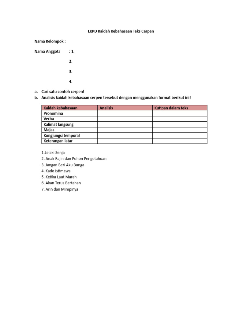 LKPD 2 Kaidah Kebahasaan Teks Cerpen | PDF | Seni & Disiplin Bahasa | Kajian Bahasa Asing