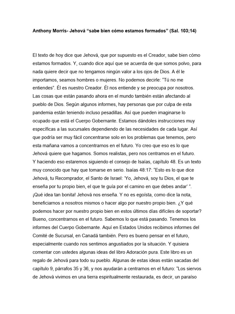 Anthony Morris - Jehssová "Sabe Bien Cómo Estamos Formados" (Sal. 103 ...