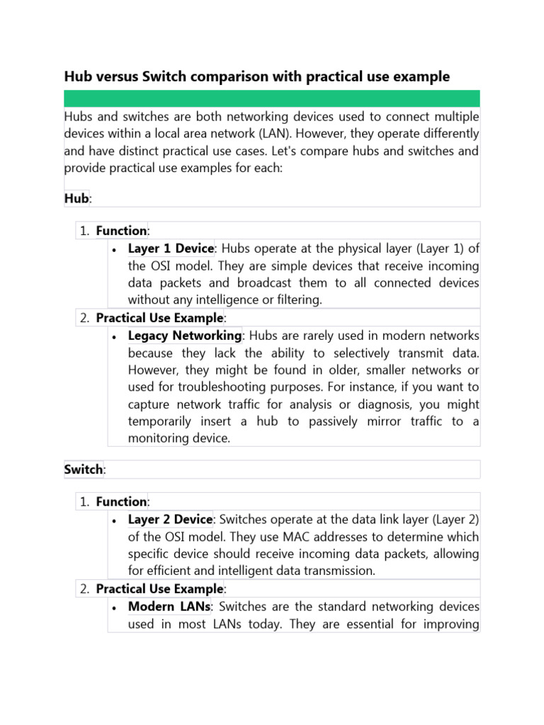 Hub Versus Switch Comparison With Practical Use Example | PDF | Network ...