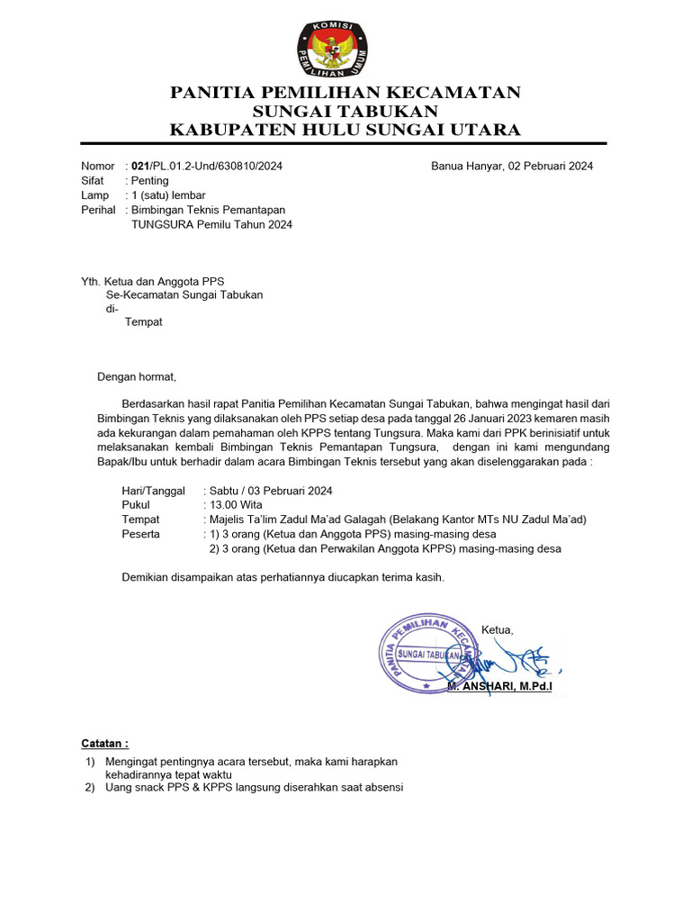 Undangan Bimtek Pemantapan Tungsura | PDF