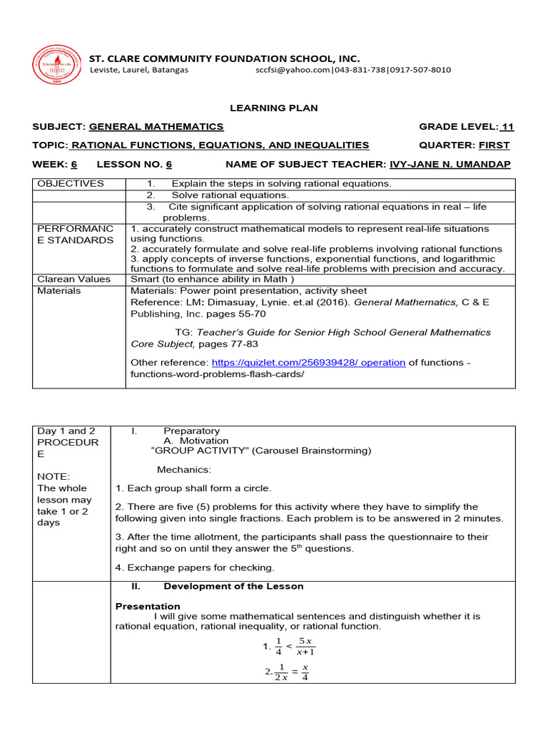 Learning-Plan-GENERAL MATHEMATICS 11 Lesson 6 | PDF | Mathematics | Function (Mathematics)