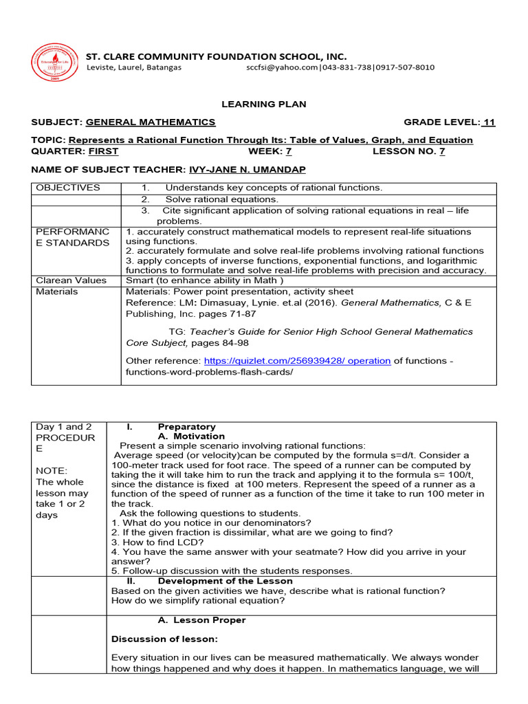 Learning-Plan-GENERAL MATHEMATICS 11 Lesson 7 | PDF | Function (Mathematics) | Equations