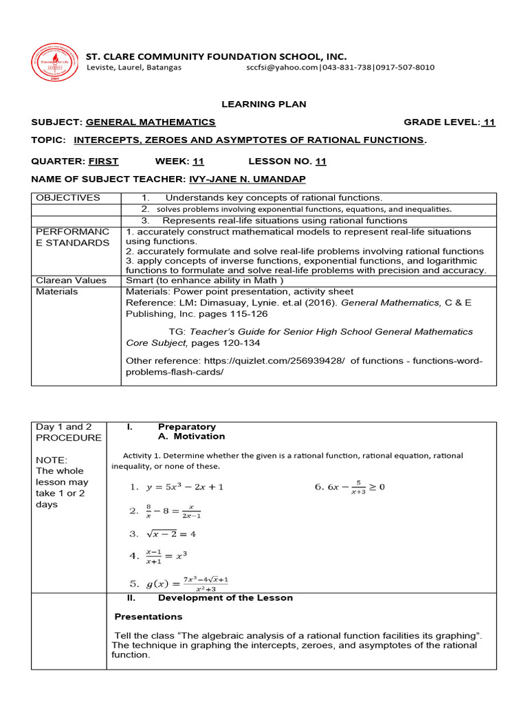 Learning-Plan-GENERAL MATHEMATICS 11 Lesson 11 | PDF | Function ...