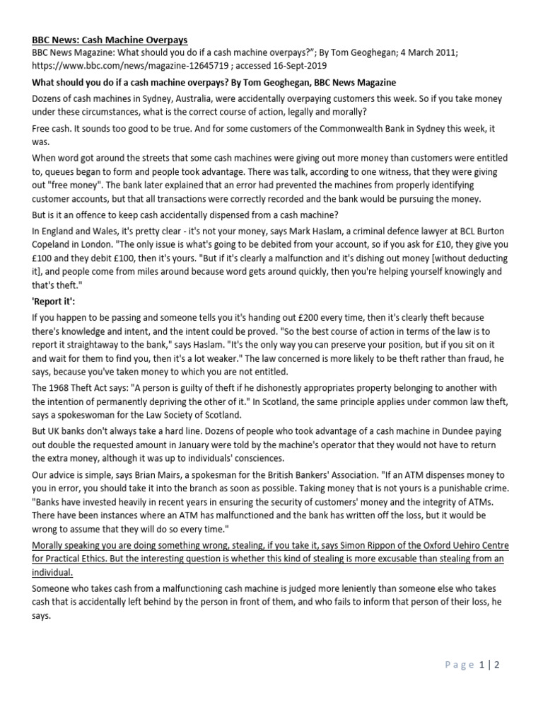 Ch6.10 Ethics - BBC News Cash Machine Overpays | PDF | Theft | Automated Teller Machine
