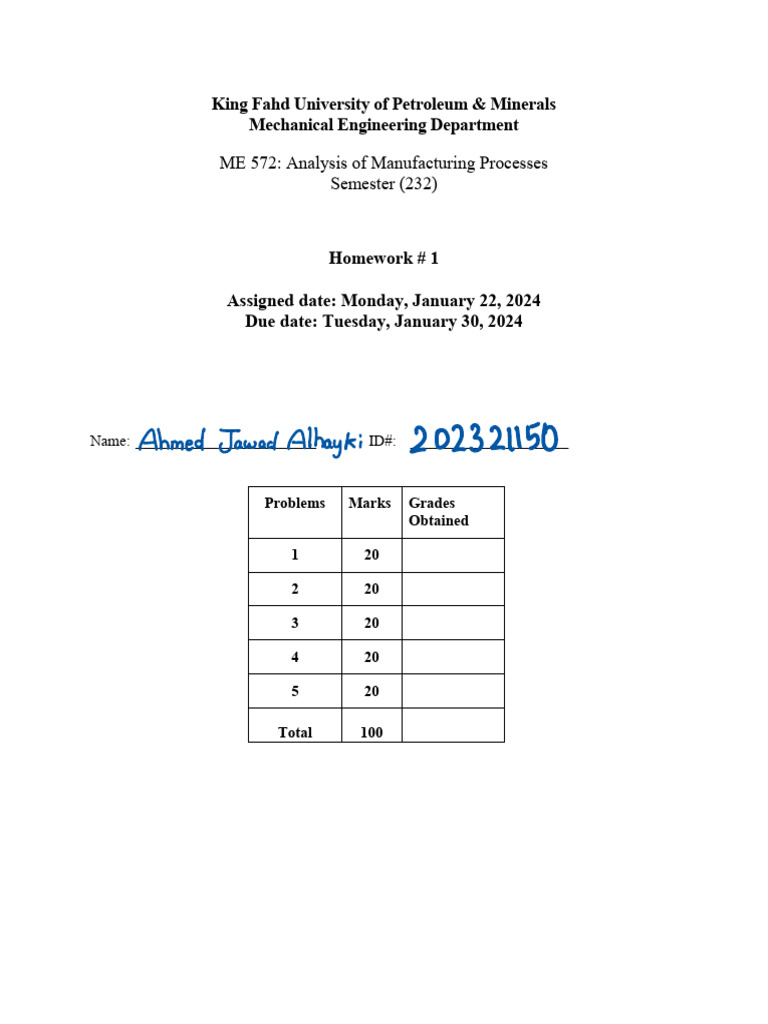 HW 1 - Me-572 - 232 | PDF | Machining | Metalworking
