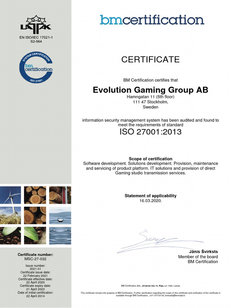 ISO 27001:2021 Certification for Evolution Gaming | PDF | Information ...