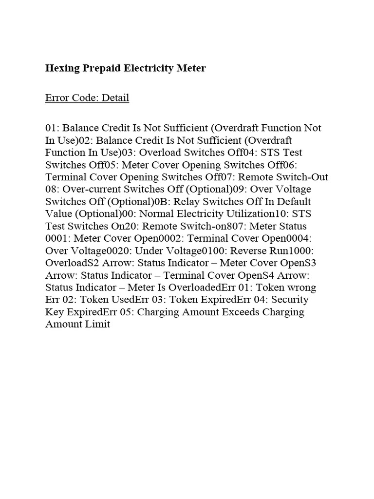 Hexing Prepaid Electricity Meter Error Code - Detail | PDF