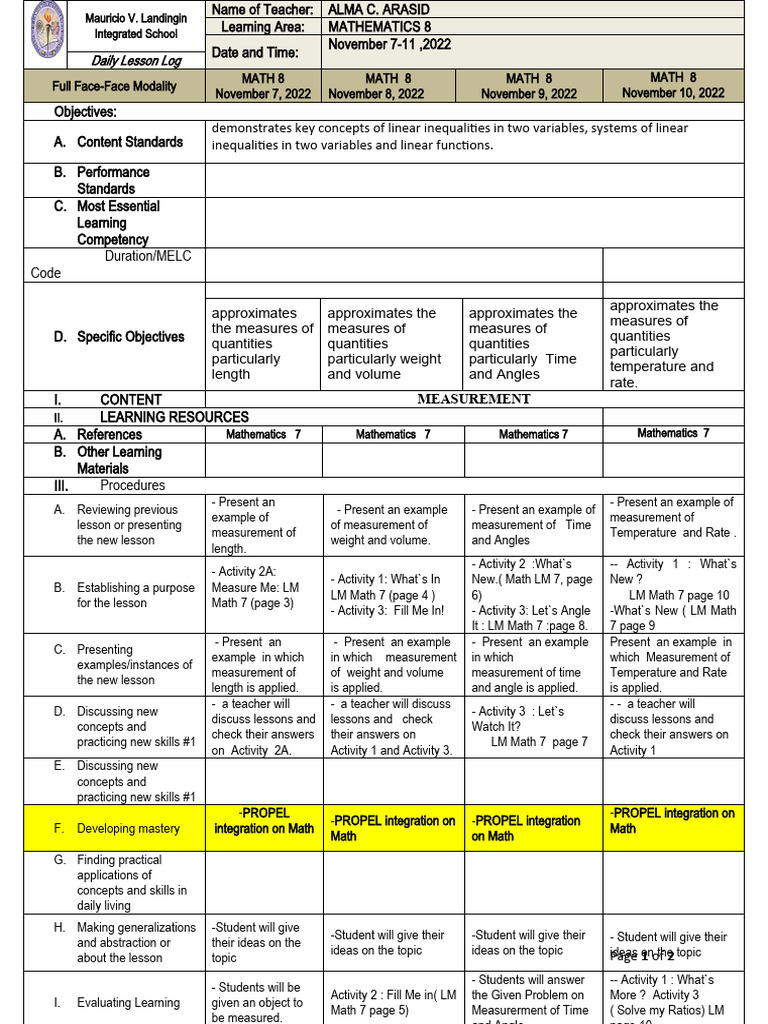 DLL Math 8 2nd33 | PDF | Mathematics | Measurement