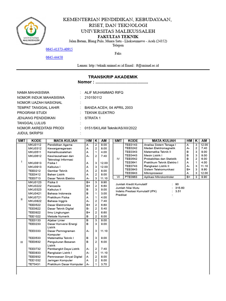 Transkip Nilai Alif | PDF
