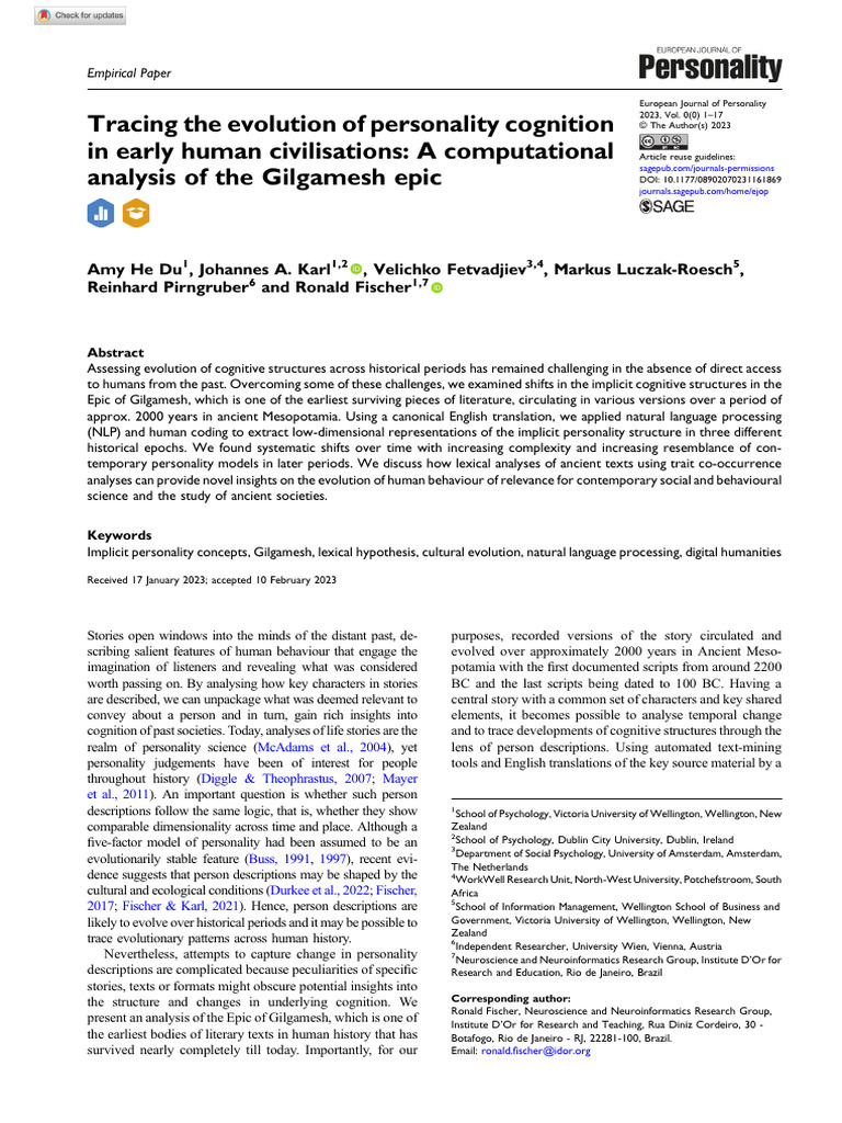 Tracing The Evolution of Personality Cognition in Early Human ...