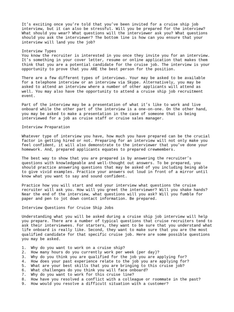 Cruise Ship Interview Preparation Guide | PDF | Job Interview | Cruise Ship