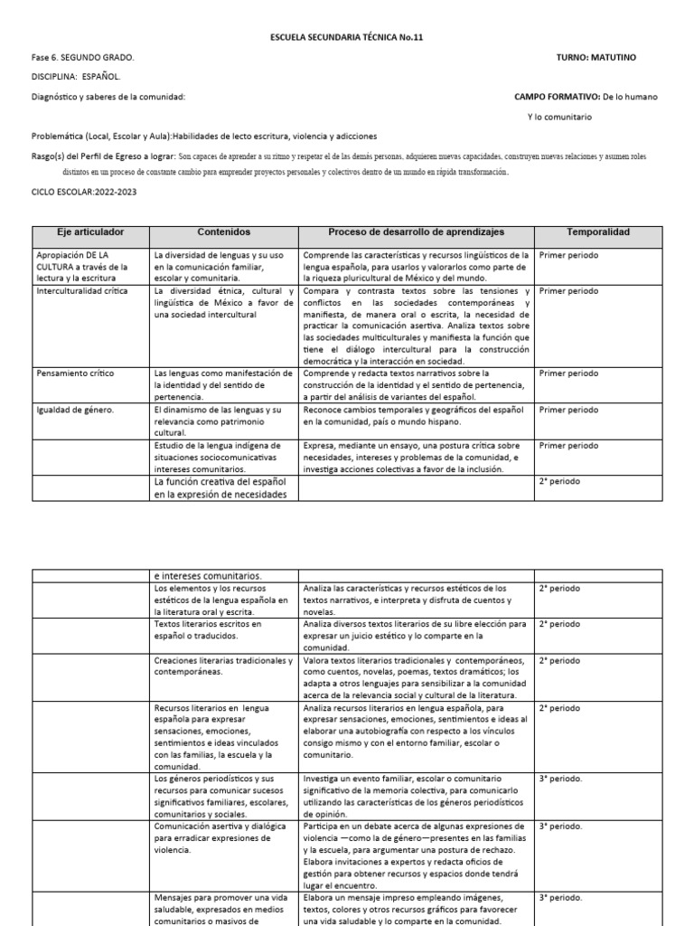 Formato De Programa Analitico Fase 6 Español Descargar Gratis Pdf