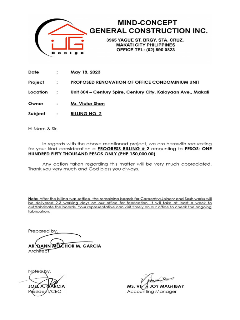 Request Letter (Billing 2) Century Spire Project | PDF