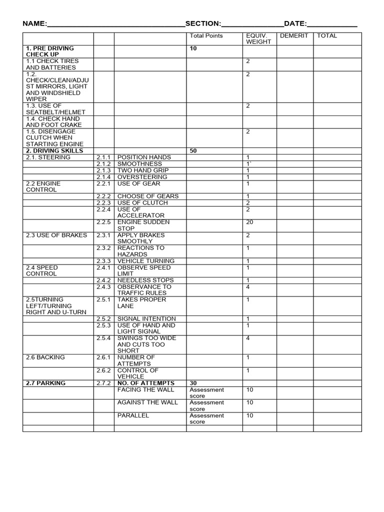 Driving Test Score Sheet Template | PDF | Transportation Engineering ...