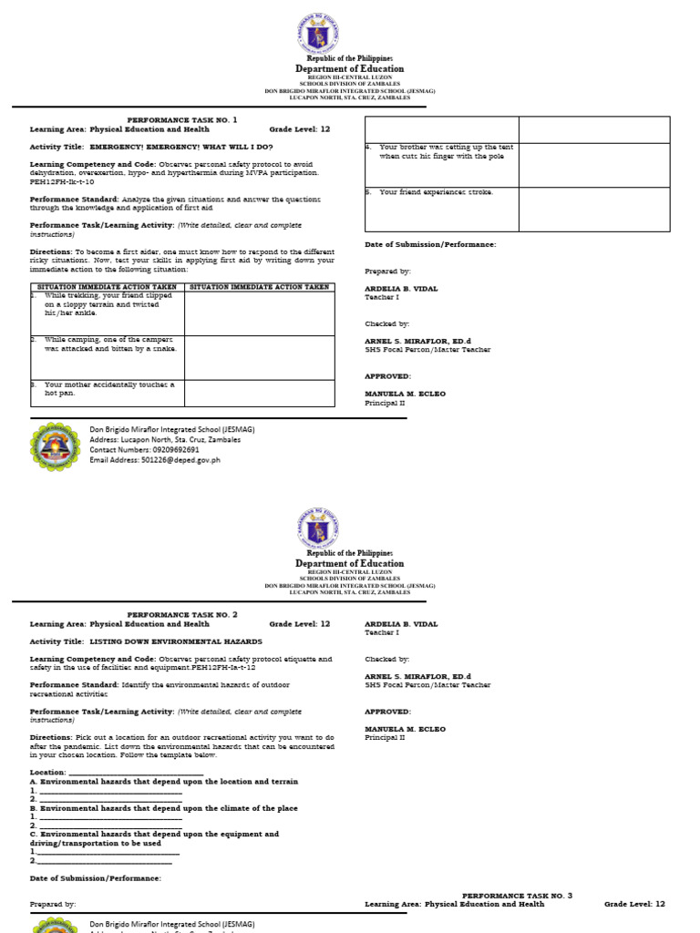 Grade 12 PE Performance Tasks Guide | PDF | First Aid
