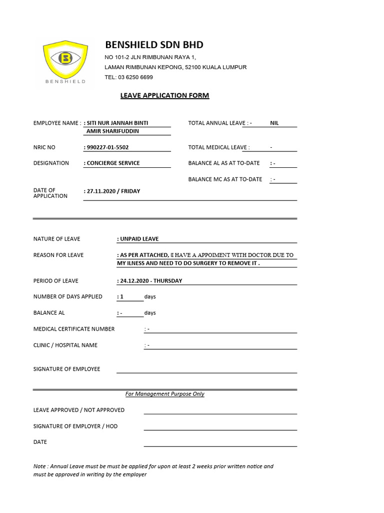 Leave Application-Form Cuti | PDF
