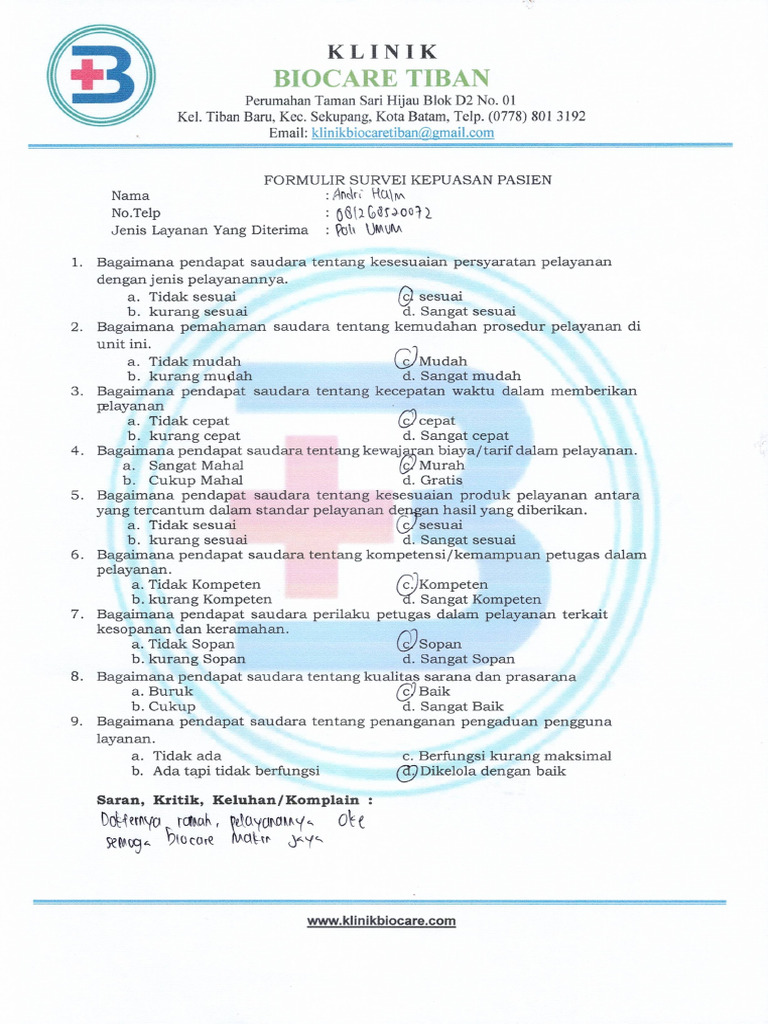 Formulir Survei Kepuasan Dan Keluhan Pasien Atau Keluarga Isi | PDF