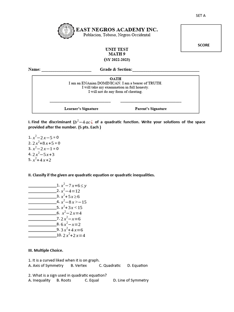 Math 9 Unit-Test - Set A | PDF | Quadratic Equation | Discrete Mathematics