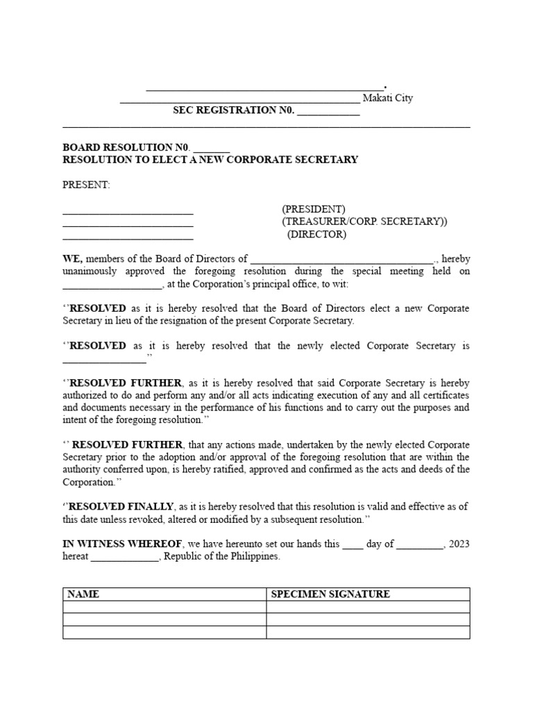 Board Resolution for Corporate Secretary | PDF | Notary Public | Common Law
