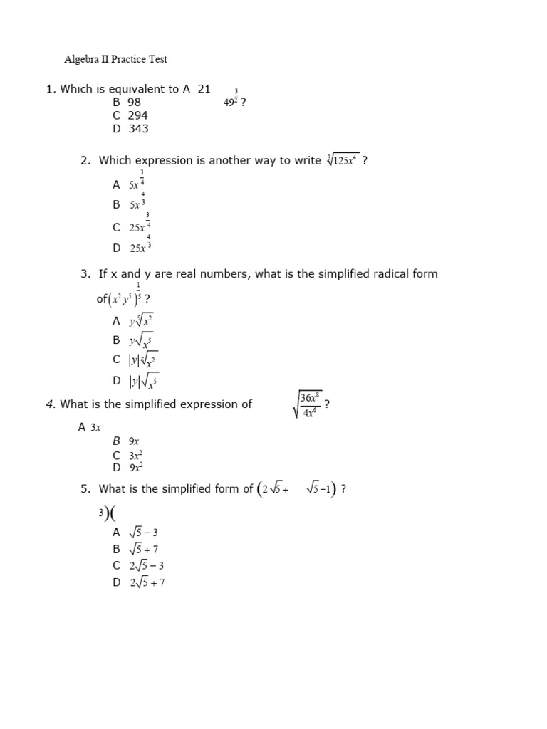 Algebra II Practice Test - Part 1 | PDF | Function (Mathematics ...