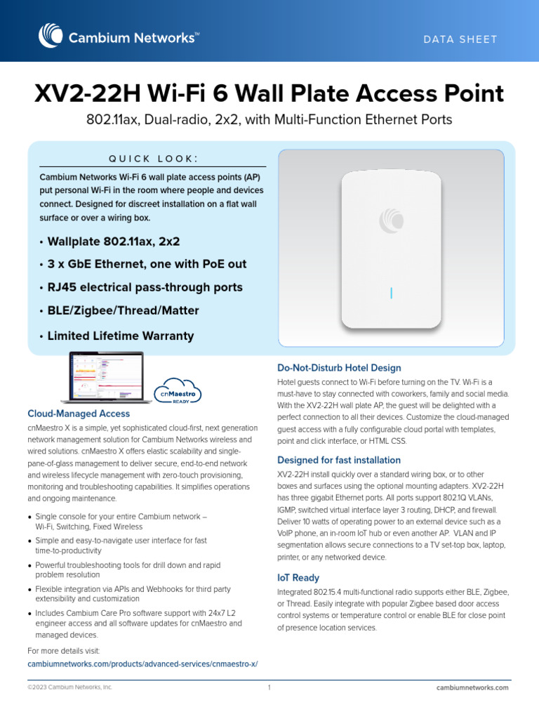 Cambium Networks Data Sheet Wi-Fi-6 XV2-22H Wallplate Access Point ...