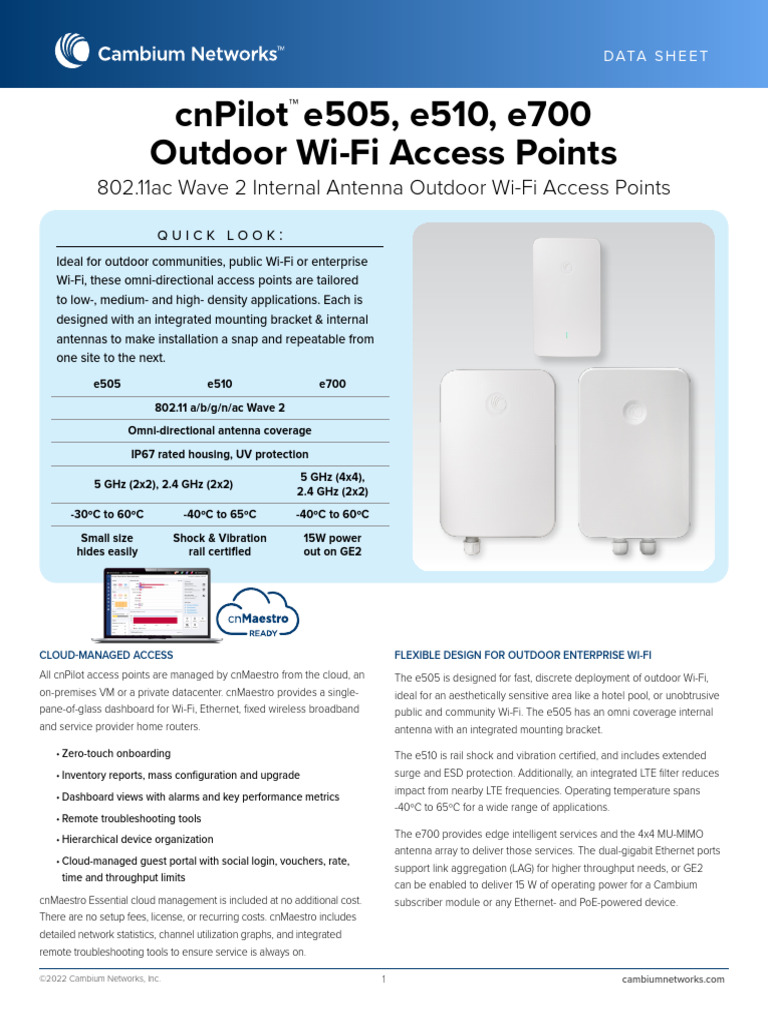 Cambium Networks Data Sheet Cnpilot E505 E510 E700 Family | PDF | Wi Fi | Ieee 802.11