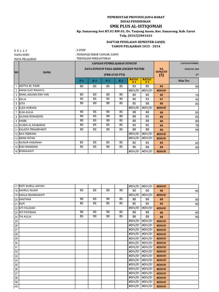 Nilai Tekpen Erapor Ganjil Kelas X-Otkp | PDF