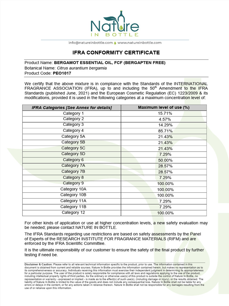 Bergamot Essential Oil FCF - Ifra | PDF | Cosmetics | Perfume