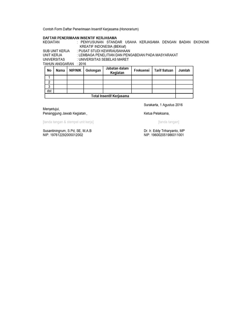 Contoh Form Daftar Penerimaan Insentif Kerjasama | PDF