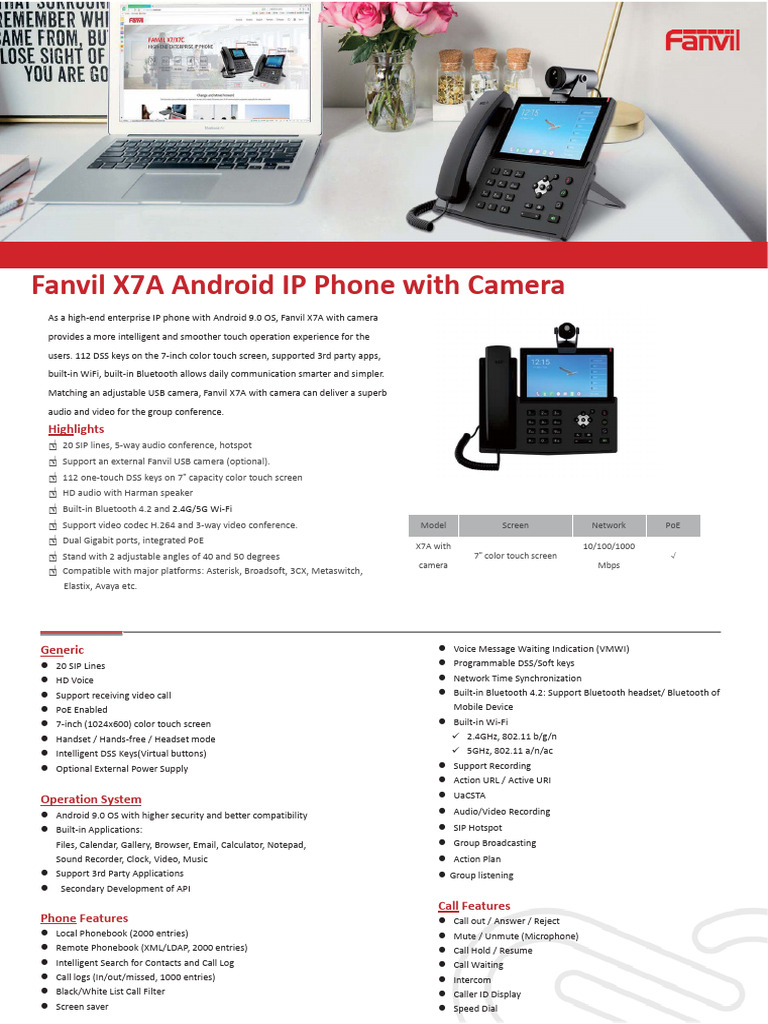 X7A Android IP Phone With Camera-X7A Datasheet | PDF | Bluetooth | Telephone