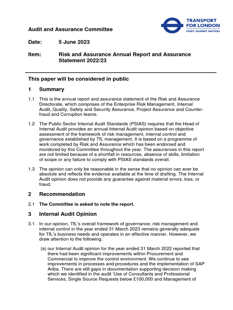 Risk and Assurance Annual Report and Assurance Statement 20222023 | PDF ...