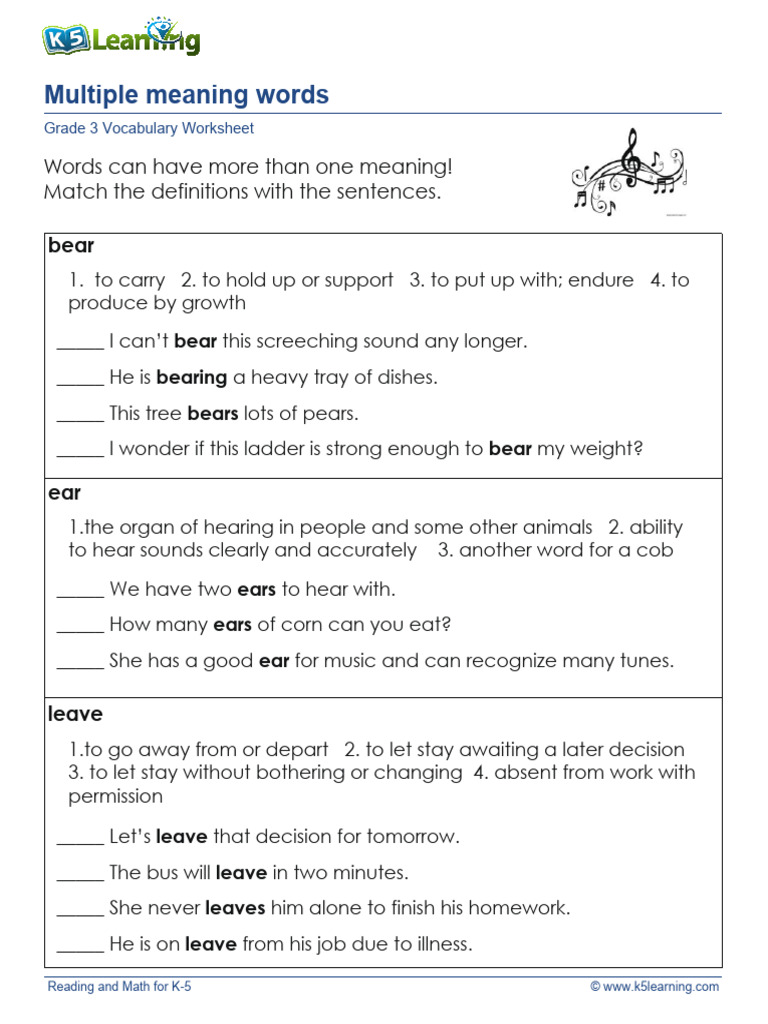 Grade 3 Multiple Meaning Words Worksheet | PDF