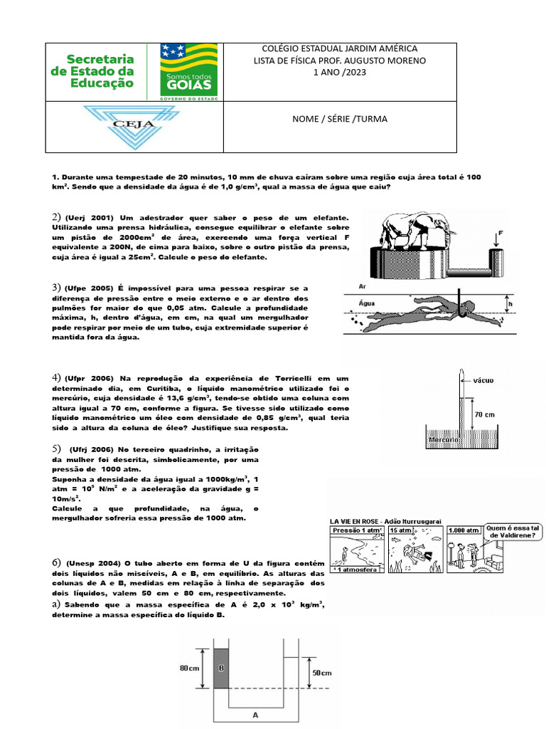 Lista de Hidro | PDF | Pressão | Física