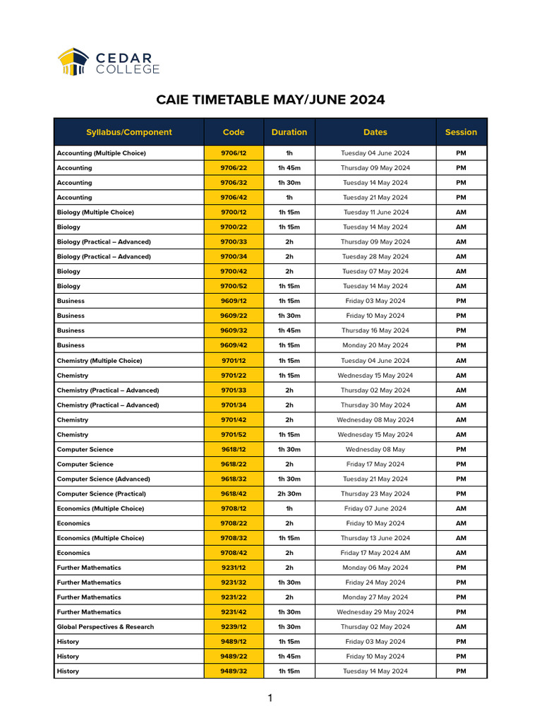 Caie Timetable May - June 2024 | PDF | Mathematics | Science