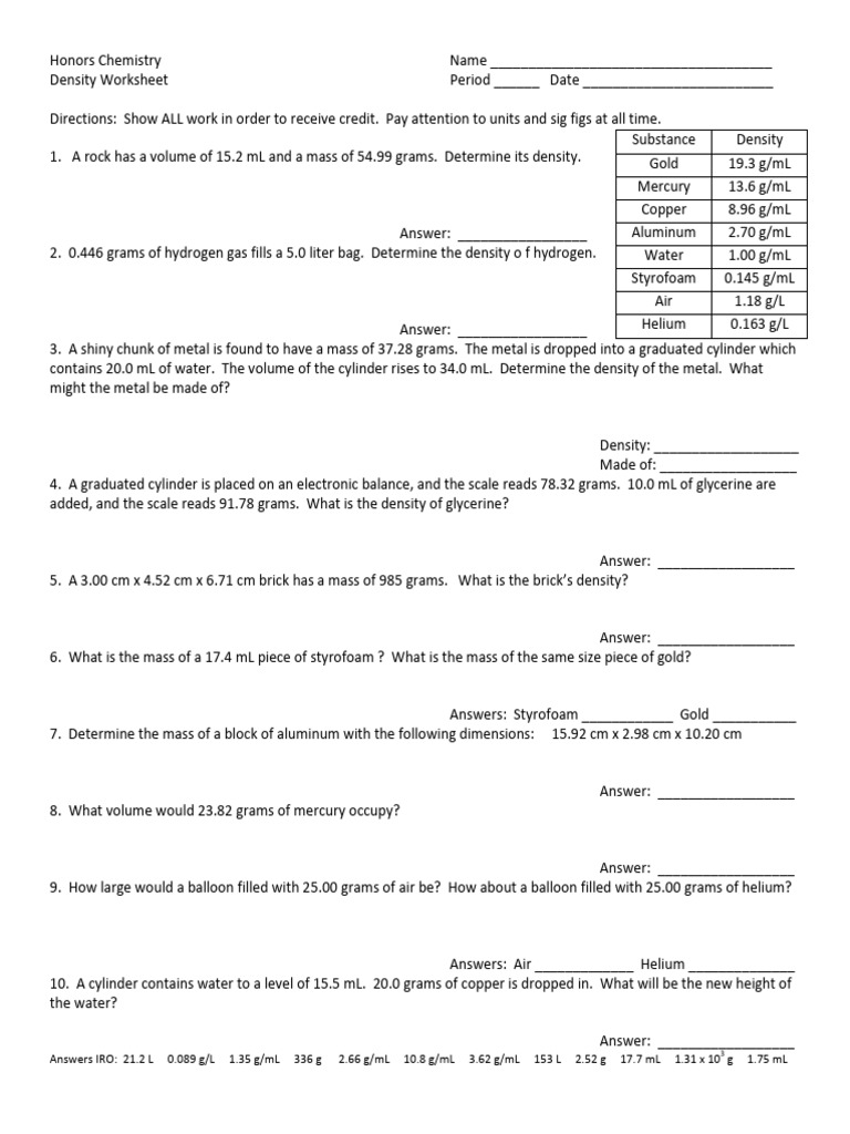 Density Worksheet Challenging | PDF | Density | Metals