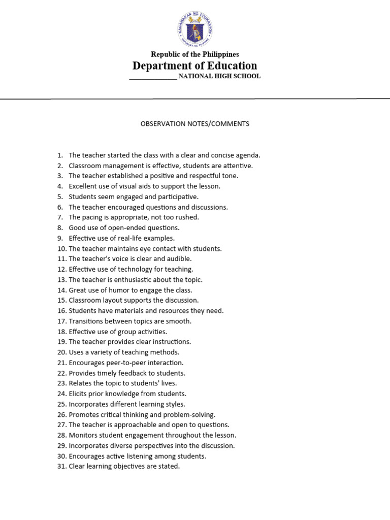 Observation Notes. Comments | PDF | Teachers | Teaching Method