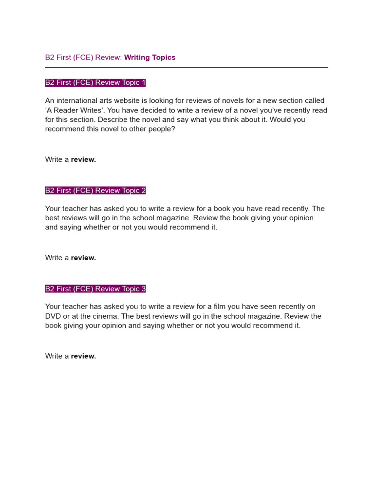 B2 First FCE Review - Writing Topics PDF | PDF
