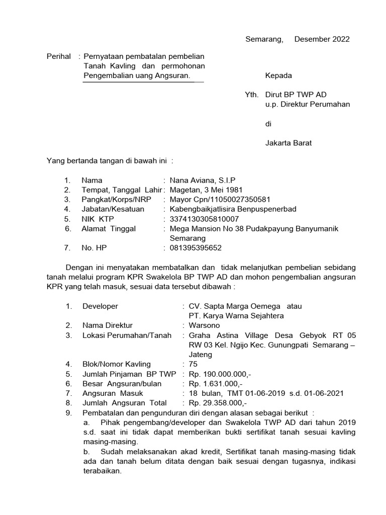 Surat Pengunduran Diri TWP Mayor CPN Nana | PDF