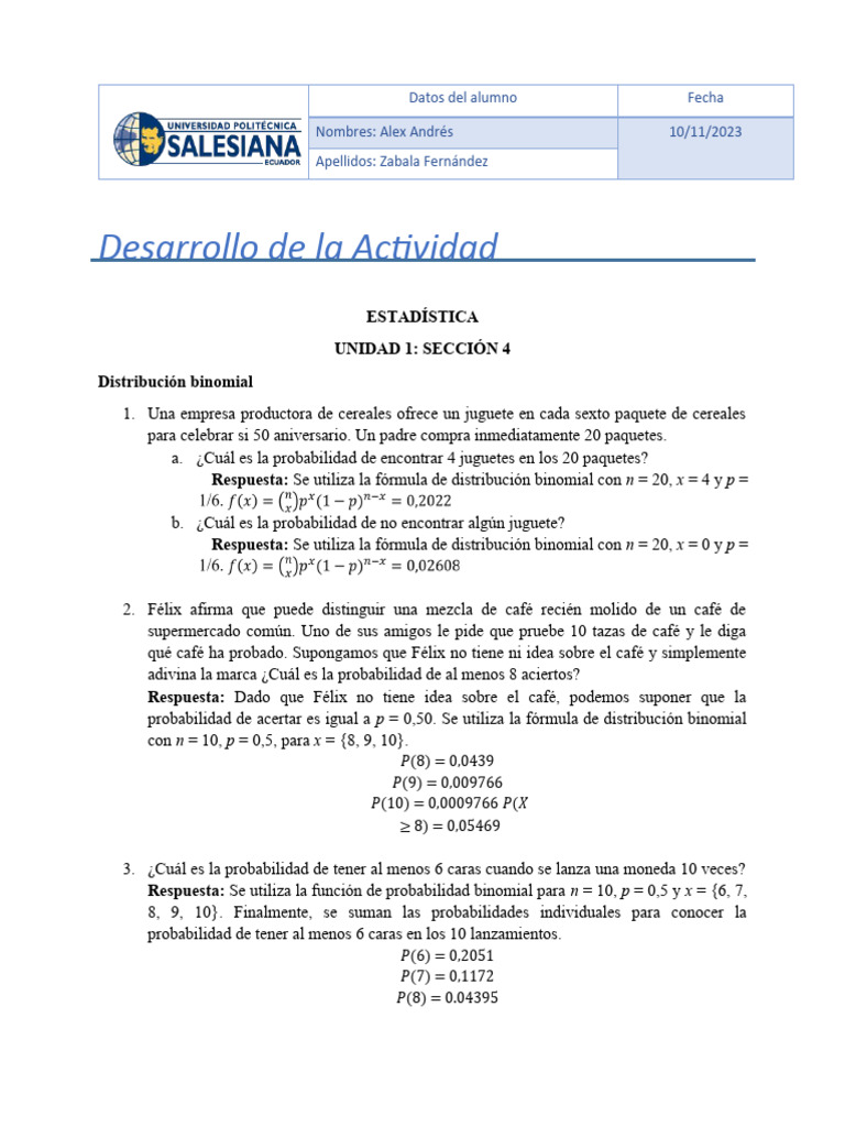 Deber U1 Tarea 3 | PDF | Probabilidad
