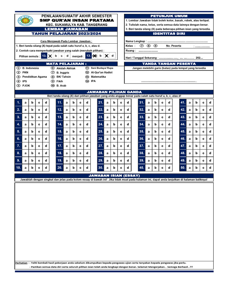 Format LJK Ujian Sekolah 2023/2024 | PDF