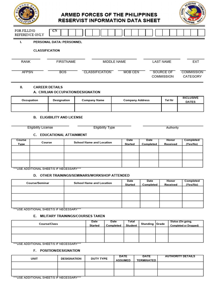 AFP Reservist Data Sheet Form | PDF | Government