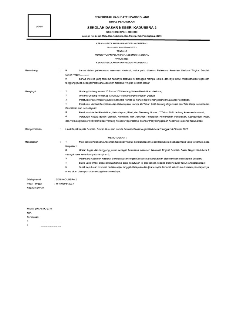 Contoh SK Pelaksana ANBK (Panduanmengajar - Com) | PDF