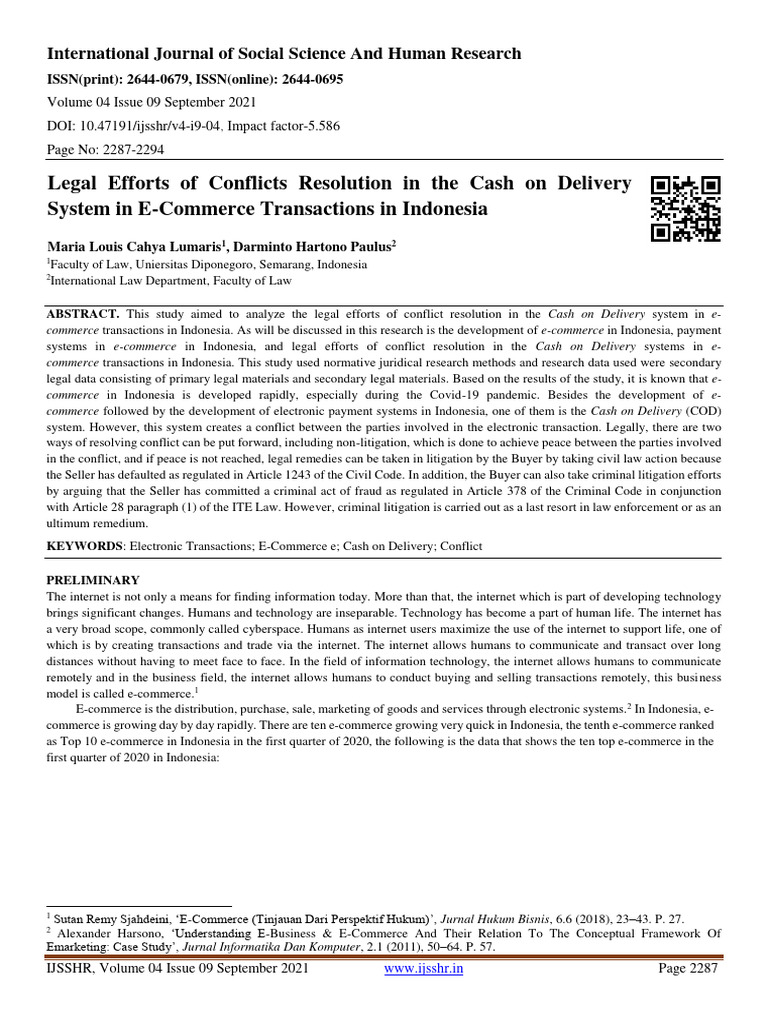 Legal Efforts of Conflicts Resolution in The Cash On Delivery System in ...